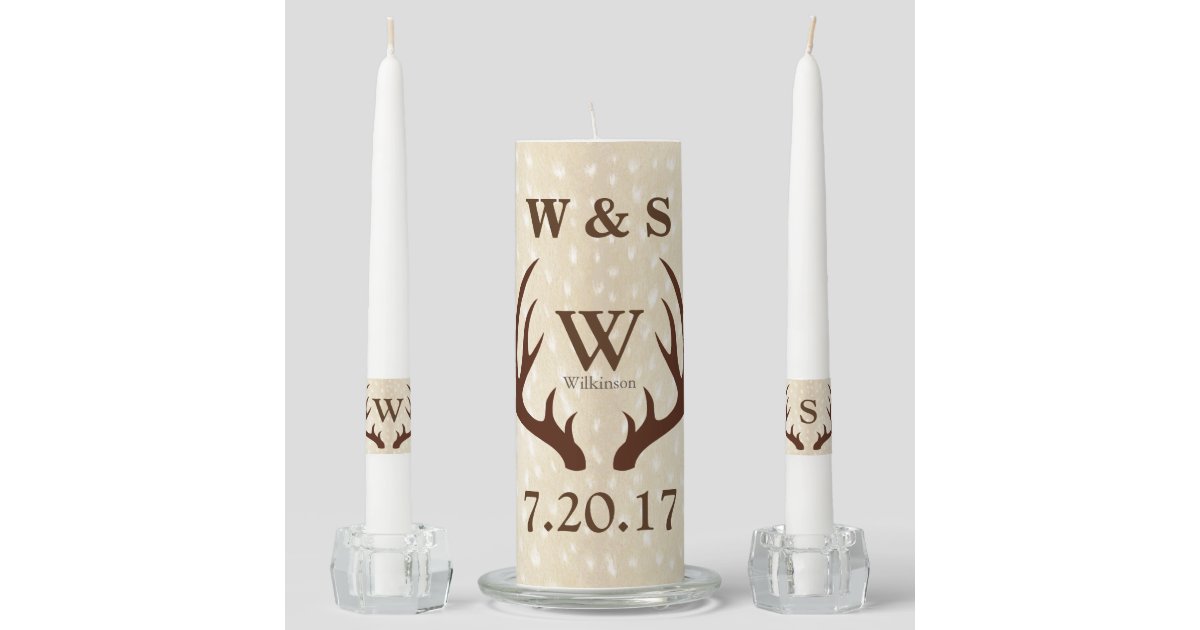 Rustic Country Farmhouse Deer Antlers & Fawn Fur Unity Candle Set | Zazzle