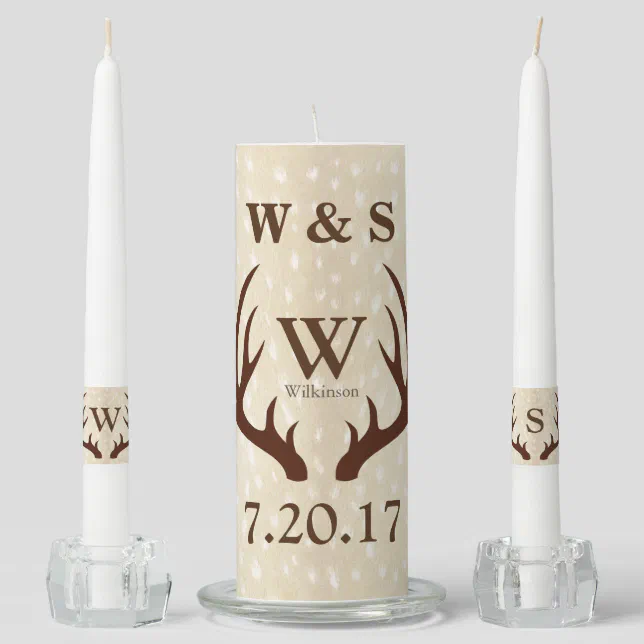 Rustic Country Farmhouse Deer Antlers & Fawn Fur Unity Candle Set | Zazzle