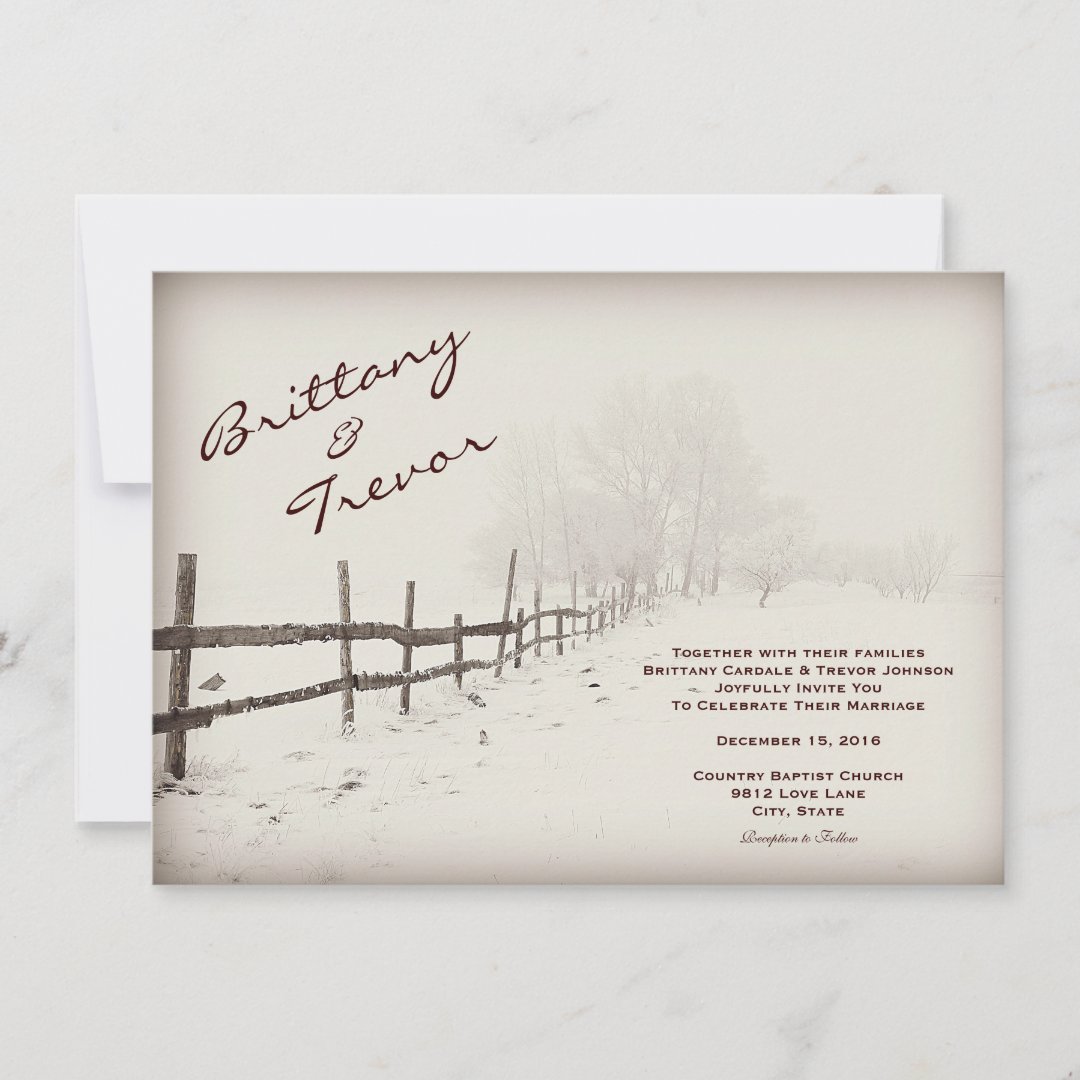 Rustic Country Fence Winter Wedding Invitations | Zazzle