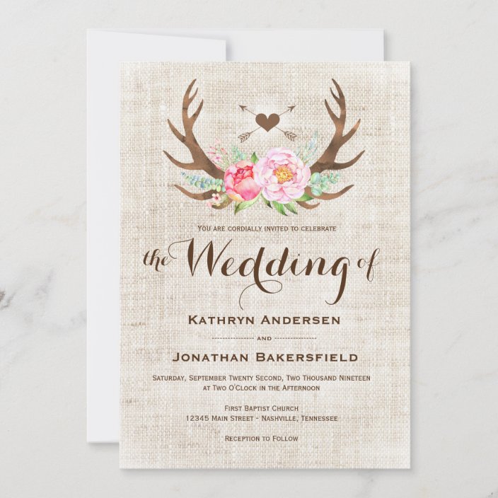 Rustic Country Floral Antlers Wedding Invitations | Zazzle.com