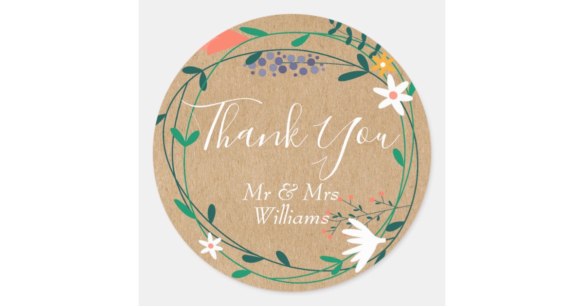 Rustic Country Floral Garland Wedding Thank You Classic Round Sticker ...