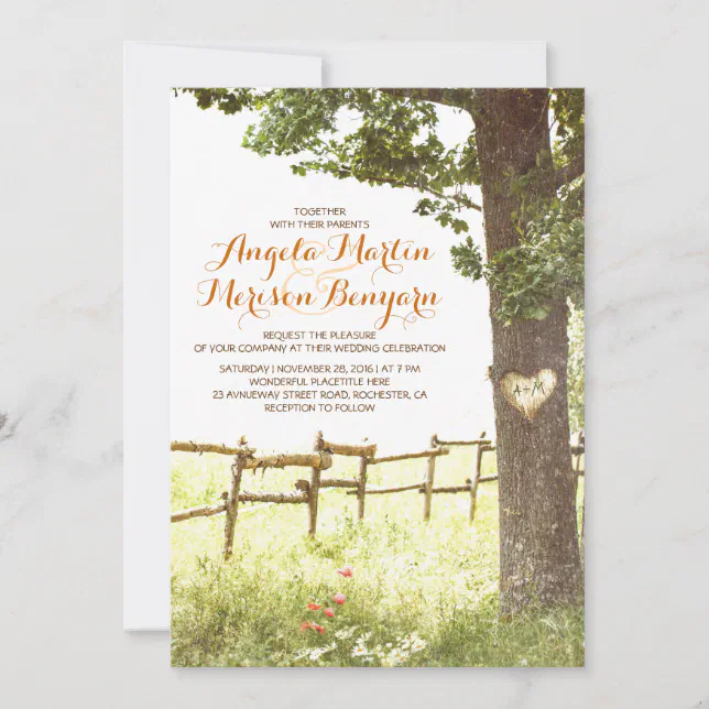 rustic country heart tree wedding invitation | Zazzle