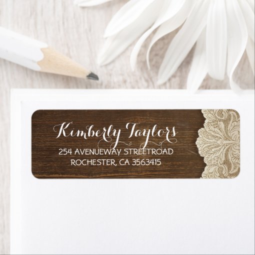 Rustic Country Lace and Wood Brown Wedding Label | Zazzle