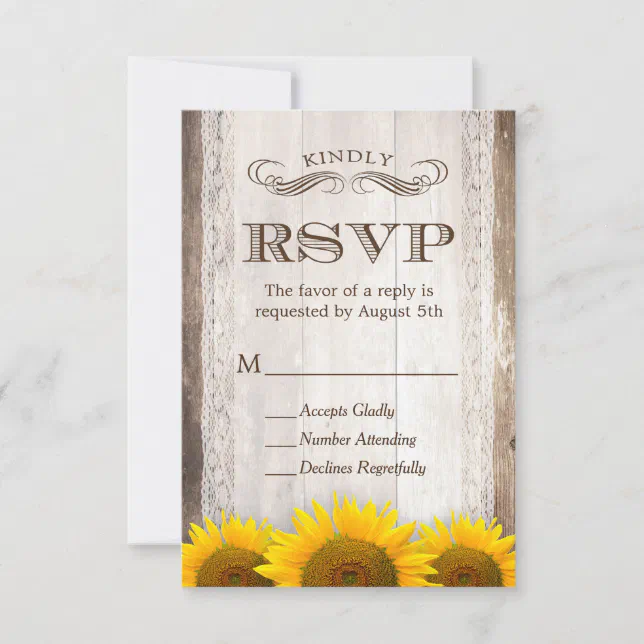 Rustic Country Lace Barn Wood Sunflower RSVP Card | Zazzle
