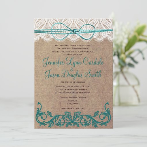 Rustic Country Lace Brown Teal Wedding Invitations | Zazzle