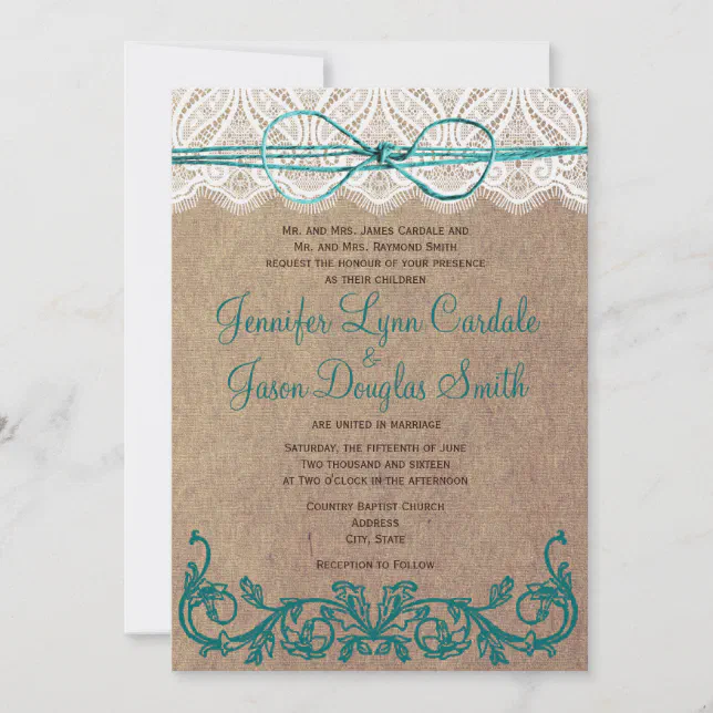 Rustic Country Lace Brown Teal Wedding Invitations | Zazzle