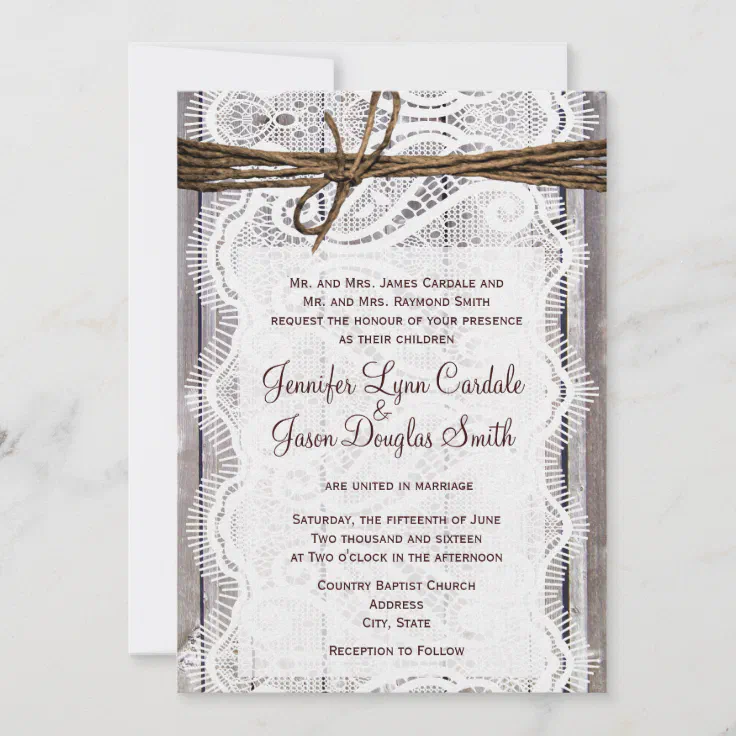 Rustic Country Lace Twine Wood Wedding Invites | Zazzle