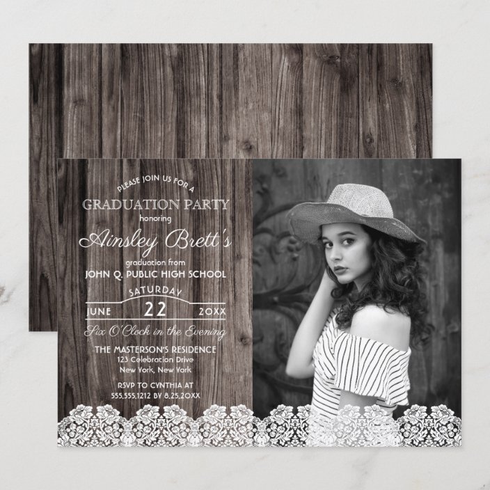 Rustic Country Lace | Wood Photo Graduation Party Invitation | Zazzle.com