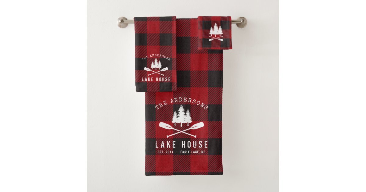 Rustic Country Lake House Tree Red Buffalo Plaid Bath Towel Set | Zazzle