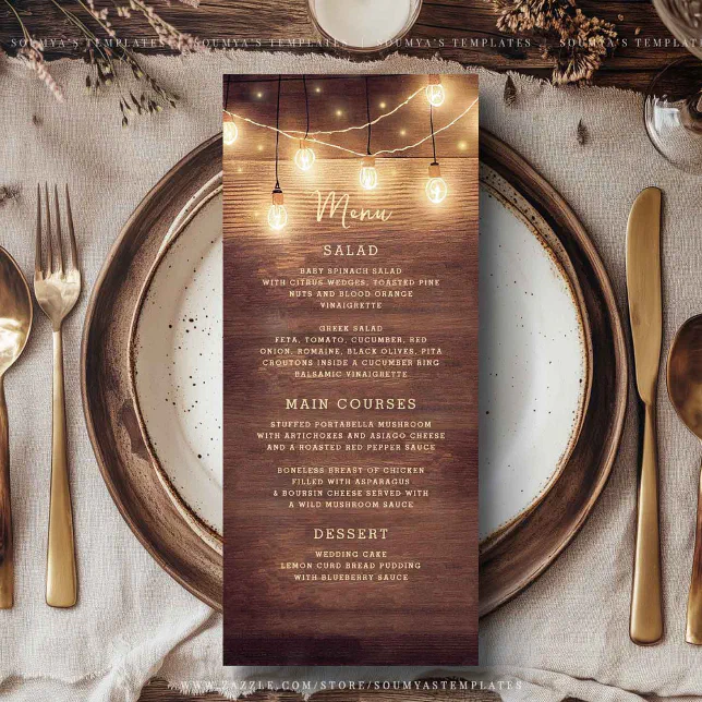 Rustic Country Lights Wedding Menu | Zazzle