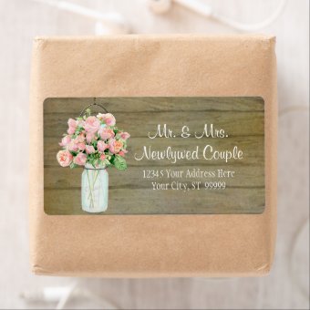 Rustic Country Mason Jar Blush Pink Roses Bouquet Label | Zazzle