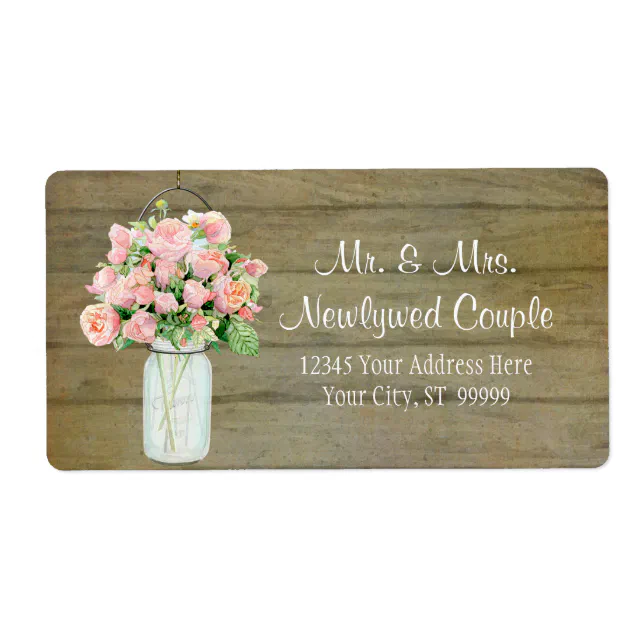 Rustic Country Mason Jar Blush Pink Roses Bouquet Label | Zazzle