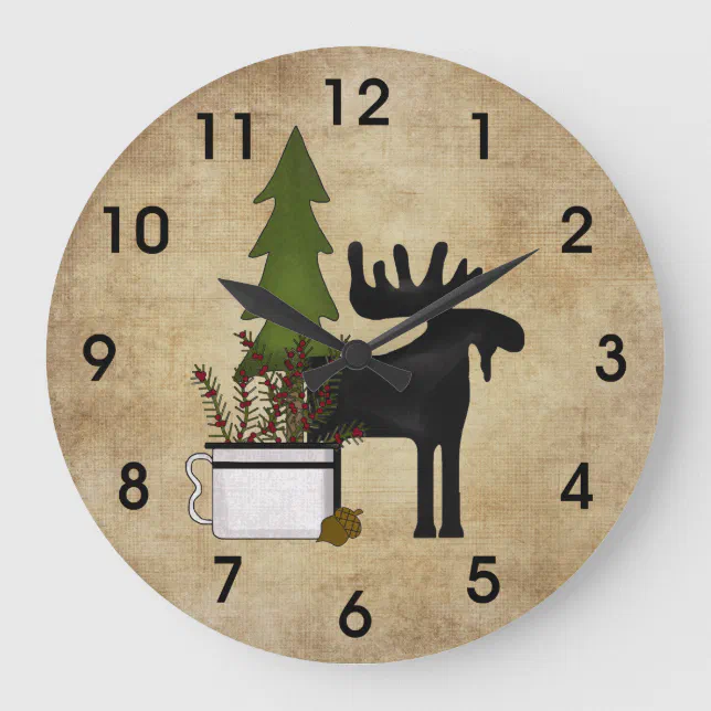 Rustic Country Mountain Silhouette Moose Large Clock | Zazzle