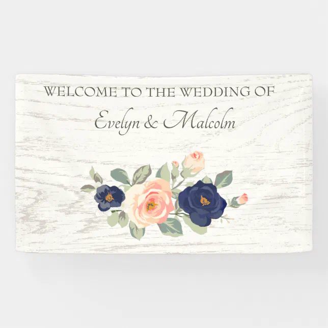 Rustic Country Navy Blue and Peach Floral Wedding Banner | Zazzle