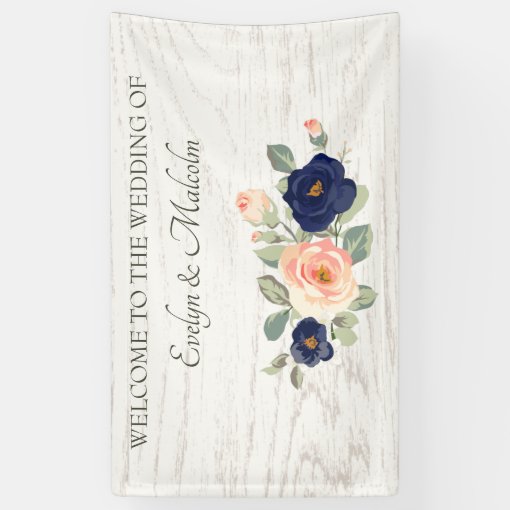 Rustic Country Navy Blue and Peach Floral Wedding Banner | Zazzle