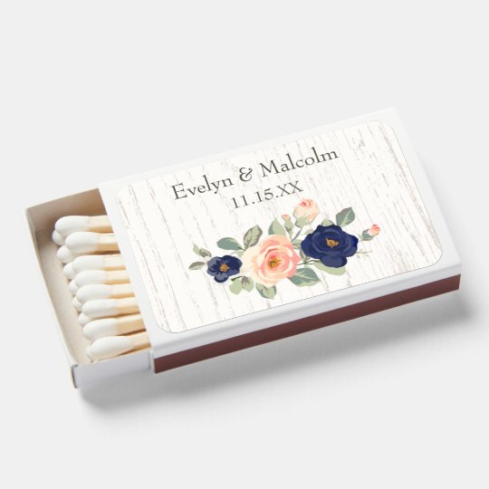 Rustic Country Navy Blue and Peach Floral Wedding Matchboxes | Zazzle.com