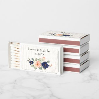 Rustic Country Navy Blue and Peach Floral Wedding Matchboxes | Zazzle