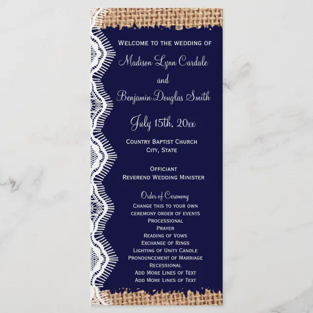 Rustic Country Navy Burlap Print Wedding Programs | Zazzle