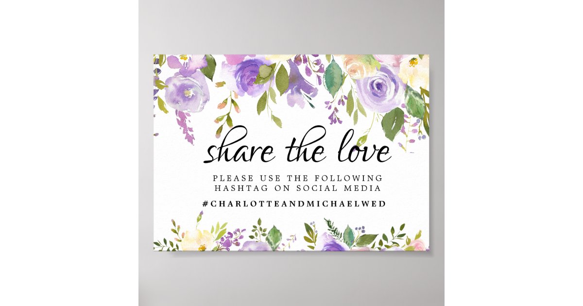 Rustic Country Purple Floral Wedding Hashtag Sign | Zazzle