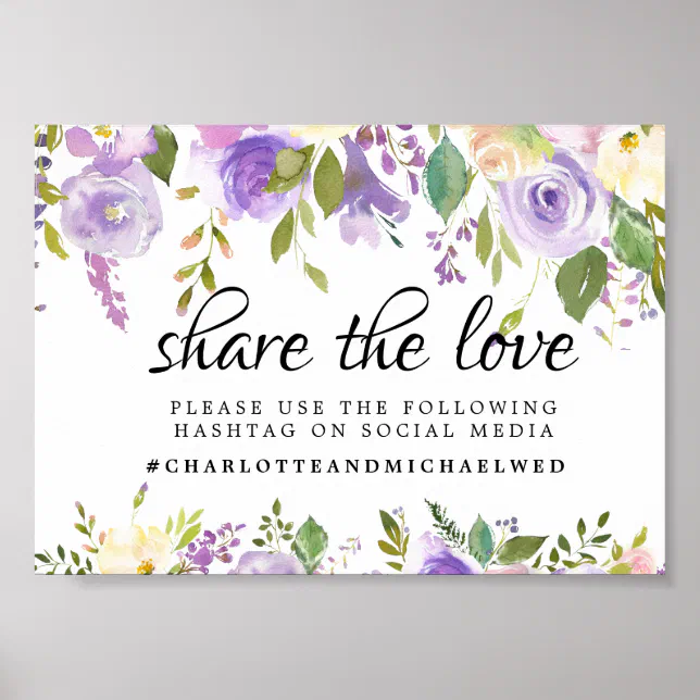 Rustic Country Purple Floral Wedding Hashtag Sign | Zazzle