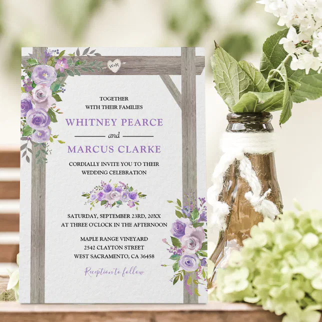 Rustic Country Purple Floral Wedding Pergola Invitation | Zazzle