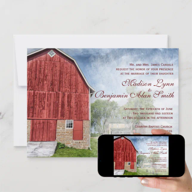 Rustic Country Red Barn Farm Wedding Invitations | Zazzle