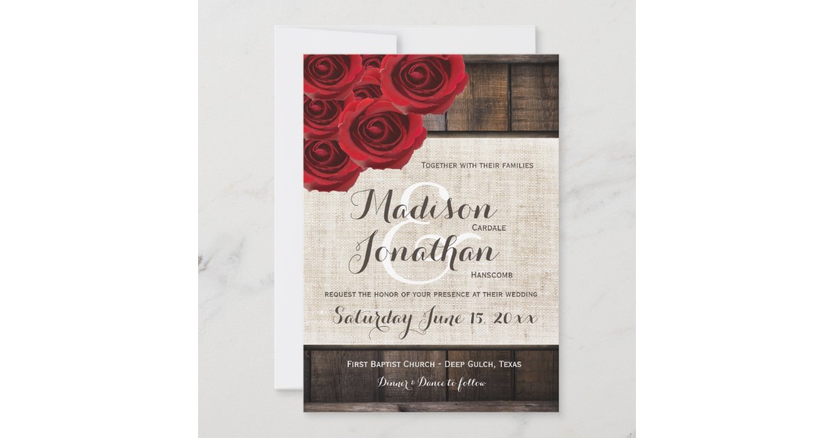 Rustic Country Red Roses Wood Wedding Invitations | Zazzle