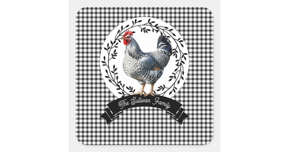 Rustic Country Rooster Chicken BW Gingham Checks Square Sticker | Zazzle