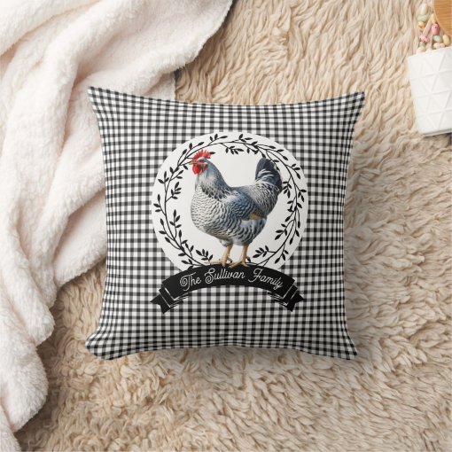 Rustic Country Rooster Chicken BW Gingham Checks Throw Pillow | Zazzle