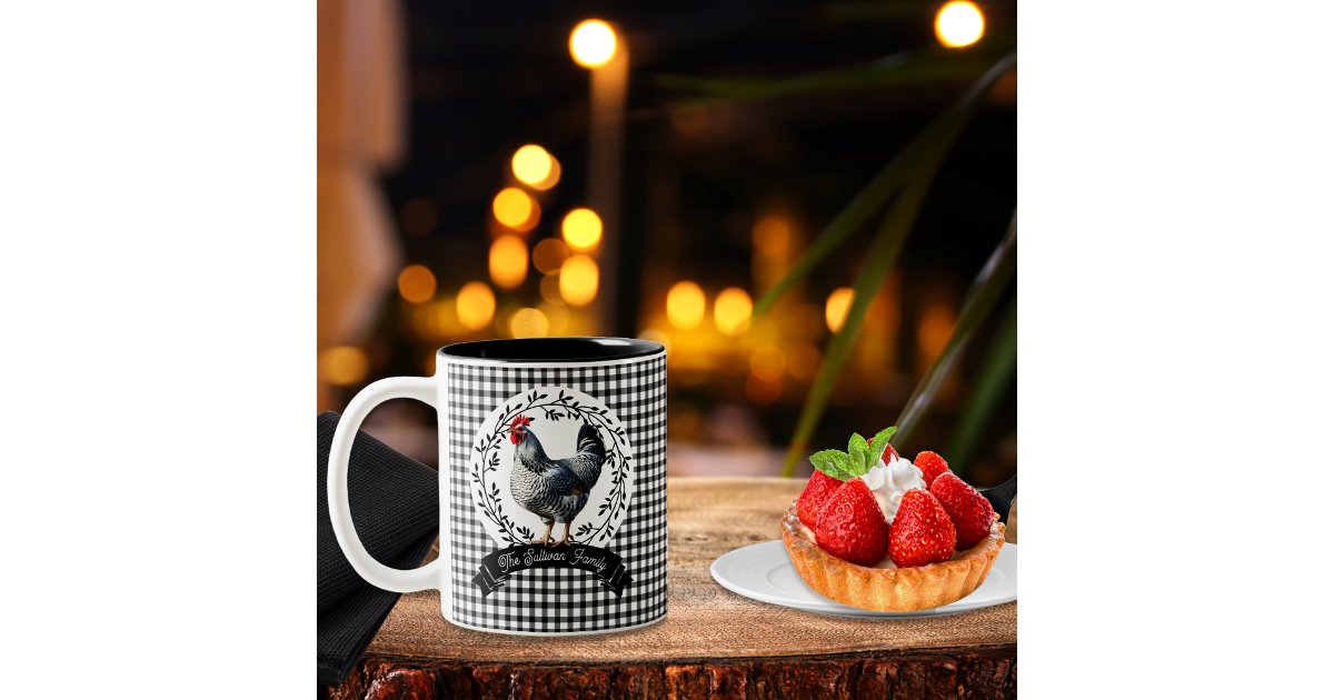 Rustic Country Rooster Chicken BW Gingham Checks Two-Tone Coffee Mug ...