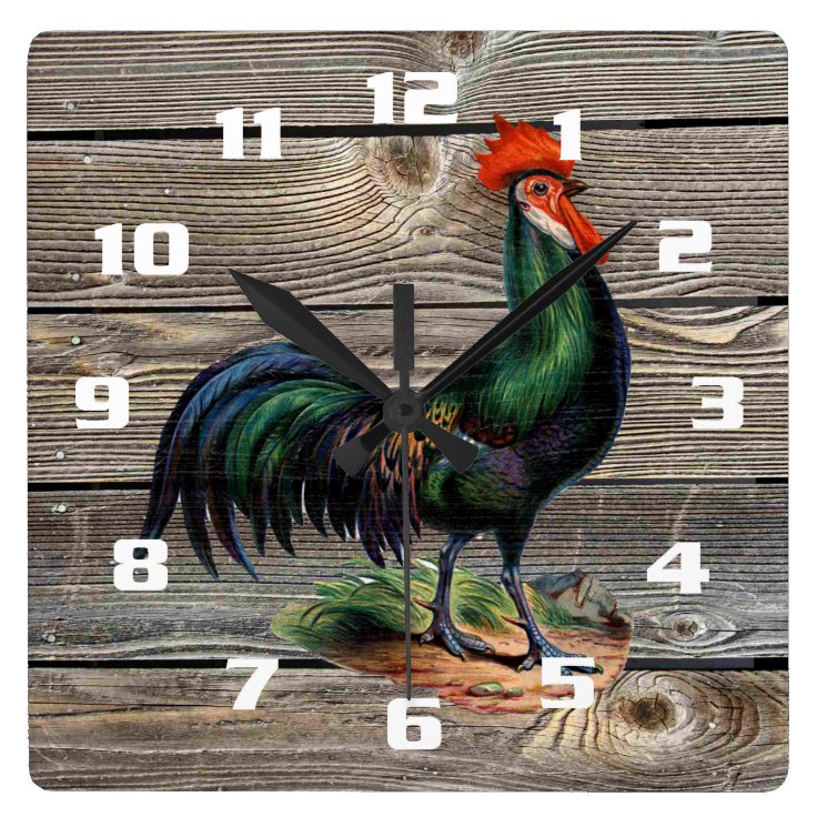Rustic Country Rooster Kitchen Square Wall Clock | Zazzle