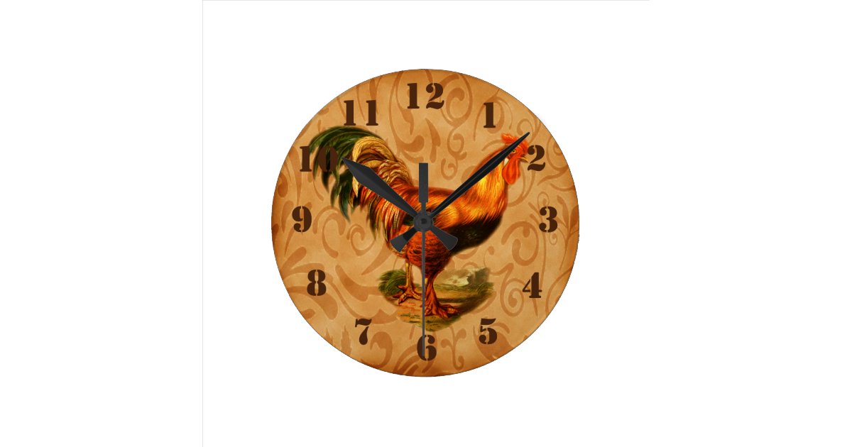 Rustic Country Rooster Ornate Kitchen Round Clock | Zazzle