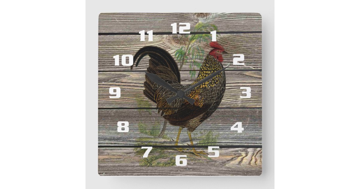 Rustic Country Rooster Square Wall Clock | Zazzle