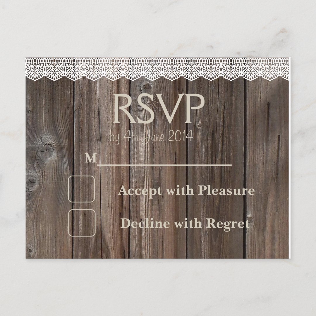 Rustic Country RSVP card wedding lace wood | Zazzle
