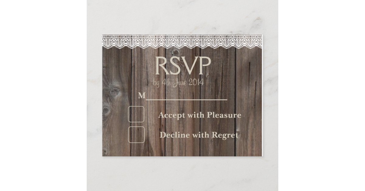 Rustic Country RSVP card wedding lace wood | Zazzle