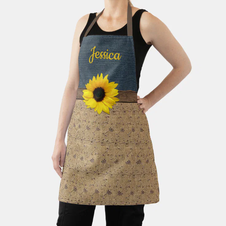 Rustic Country Simulated Burlap Denim Sunflower Apron | Zazzle