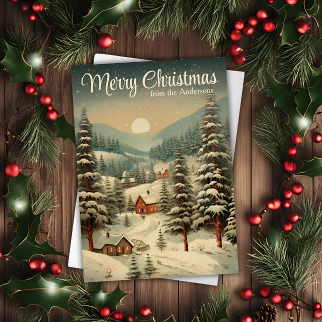 Rustic Country Snow Capped Christmas Village Holiday Card | Zazzle