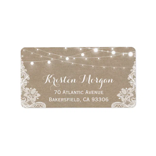 Rustic Country String Lights Lace Burlap Wedding Label | Zazzle