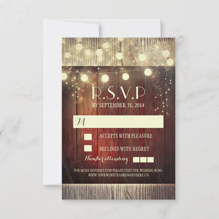 Rustic country string lights wedding RSVP cards | Zazzle