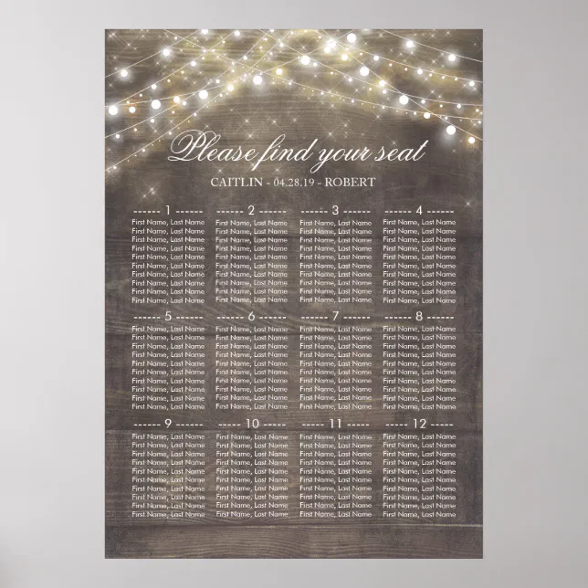 Rustic Country String Lights Wedding Seating Chart | Zazzle