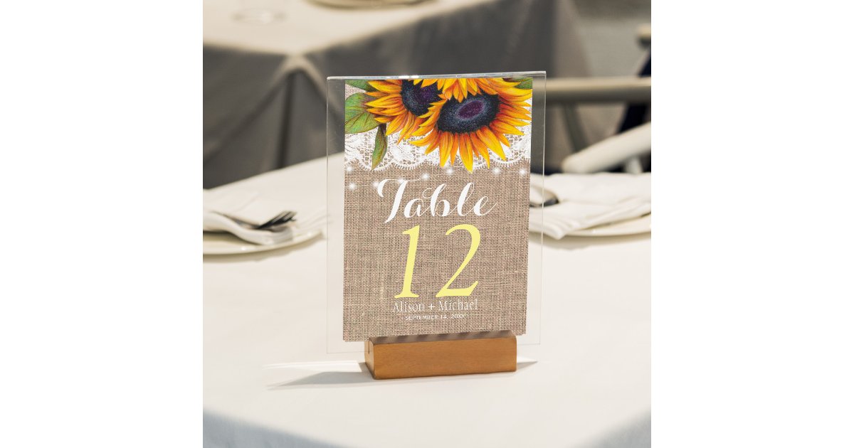 Rustic country sunflower fall wedding table number | Zazzle