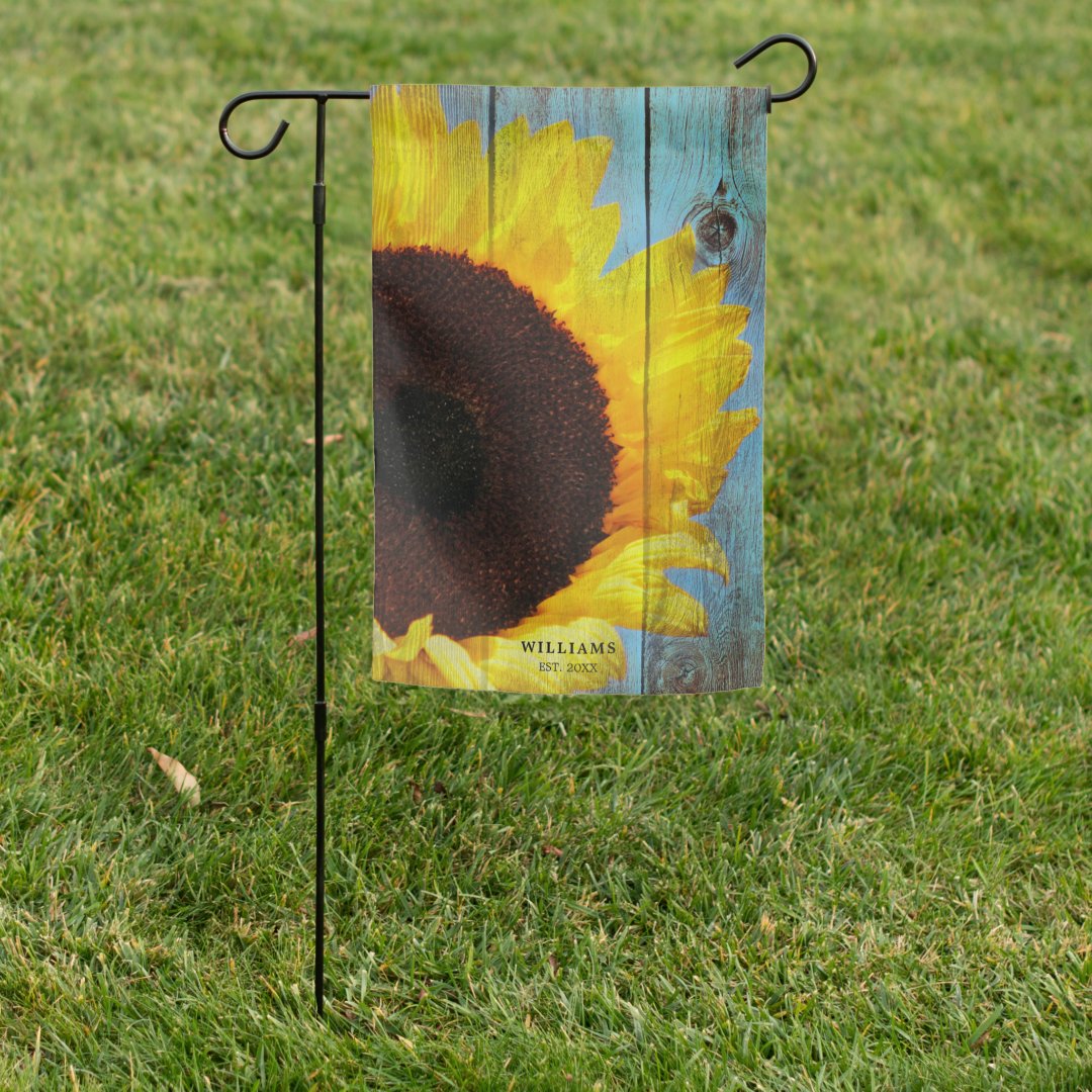 Rustic Country Sunflower Teal Wood Personalized Garden Flag | Zazzle