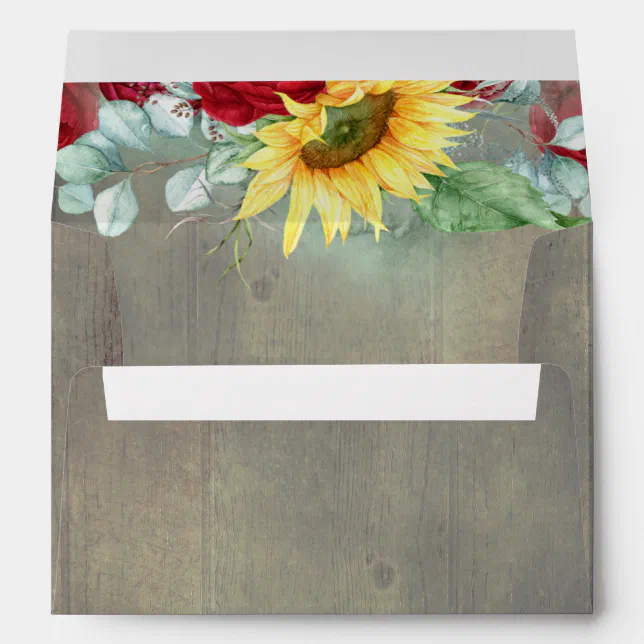 Rustic Country Sunflowers and Burgundy Red Flowers Envelope | Zazzle