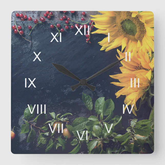 Rustic Country Sunflowers and Slate Roman Numerals Square Wall Clock ...