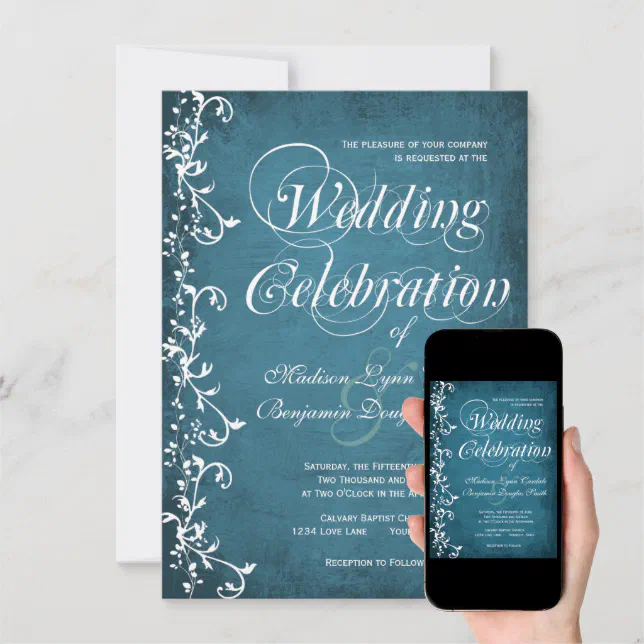 Rustic Country Swirls Blue Wedding Invitations | Zazzle