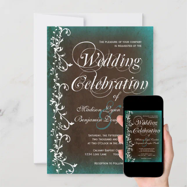 Rustic Country Turquoise Brown Wedding Invitations | Zazzle