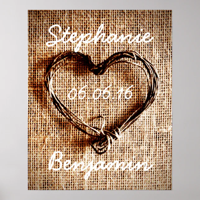 Rustic Country Twine Heart Burlap Wedding Poster | Zazzle