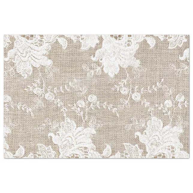 Rustic country vintage beige burlap and white lace tissue paper | Zazzle