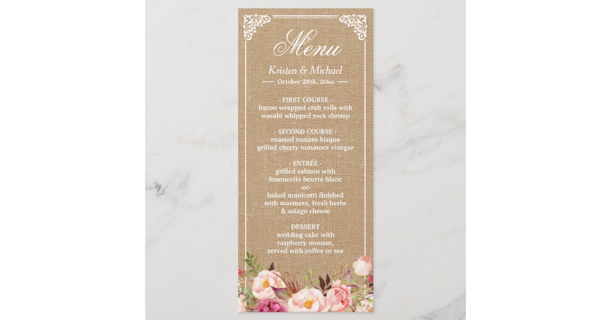 Rustic Country Wedding Menu Vintage Burlap Floral | Zazzle
