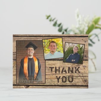 Rustic Country Wood 3 Photo Graduation Thank You Card | Zazzle